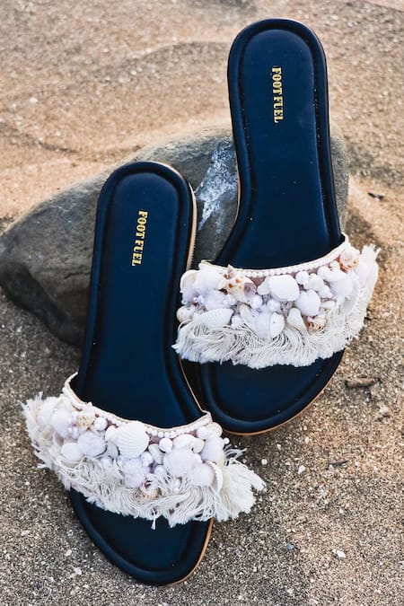 Buy White Embellished Handmade Shell Flats by Foot Fuel Online at Aza ...