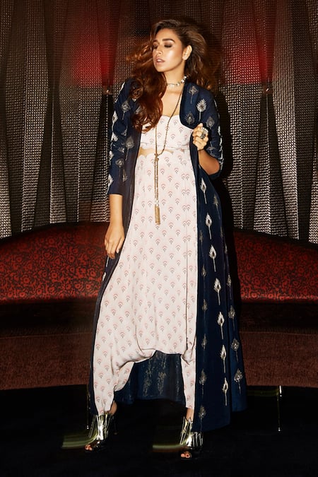 Buy Blue Crepe And Embroidery Fan Kris Duster Jacket With Low Crotch ...