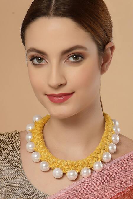 Buy Yellow Braided Thread And Pearl Embellished Necklace by Dugran By ...