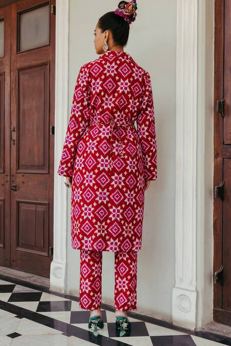 Buy Red Cotton Silk Bead Work, Block Print, Sequins Lapel Ahilya Ikat ...