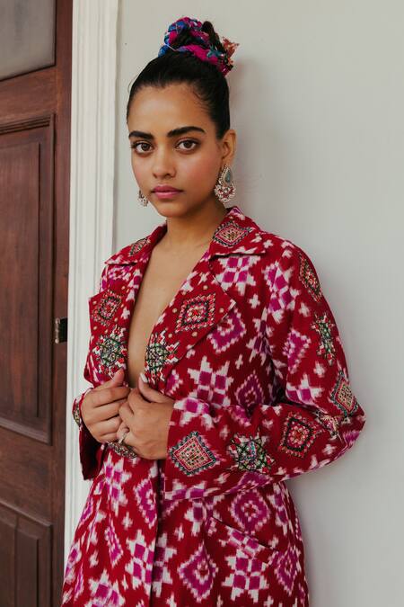 Buy Red Cotton Silk Bead Work, Block Print, Sequins Lapel Ahilya Ikat ...