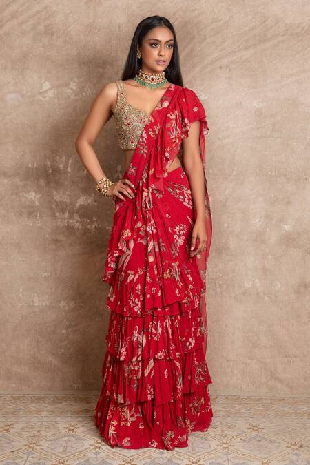 Buy Red Ruffle Pre-draped Saree Set For Women by Arpita Mehta Online at ...
