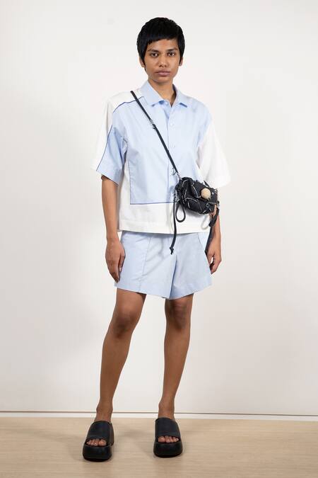 Buy Blue Cotton Poplin Embroidered Thread Work Slant Colourblock Shirt ...