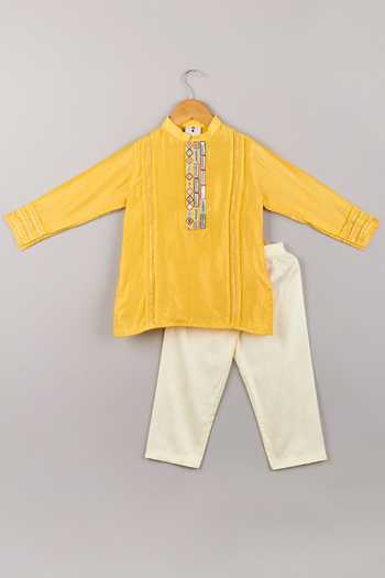 Buy Yellow Silk Embroidery Abla Kurta Set For Boys by P & S CO Online ...