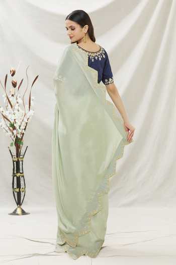Buy Samyukta Singhania Green Chinon Embroidered Hem Saree With Blouse ...