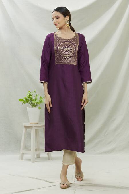 Buy Purple Polyester Woven Round Neck Elephant Yoke Kurta For Women by ...