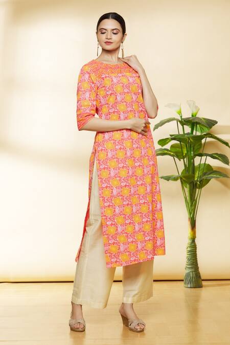 Buy Peach Cotton Blend Printed Geometric Round Kurta For Women by ... Buy Peach Cotton Blend Printed Geometric Round Kurta For Women by ...