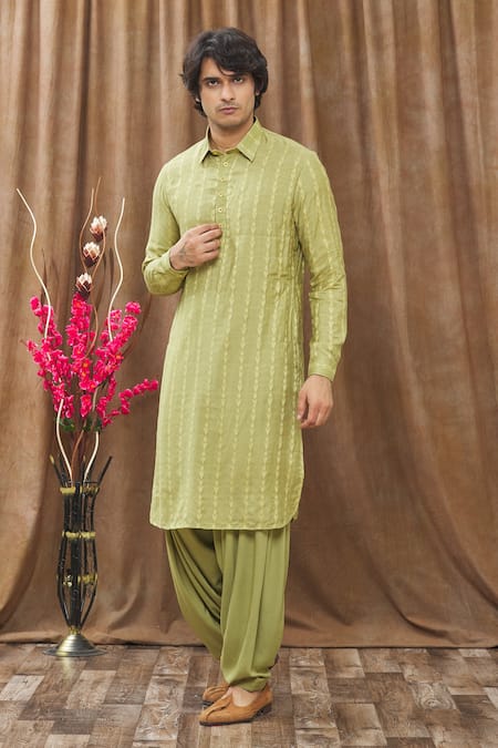 Buy Green Handloom Silk Embroidered Thread Pathani Kurta And Salwar Set ...