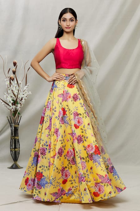 Buy Yellow Dupion And Cotton Print Floral Scoop Neck Lehenga Set For
