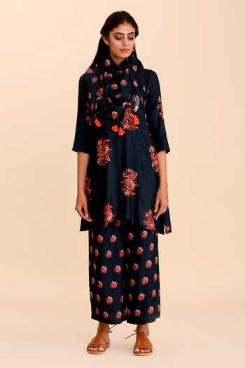 Buy Blue Rayon Slub Printed Floral Motifs Neema Kurta Set For Women by ...