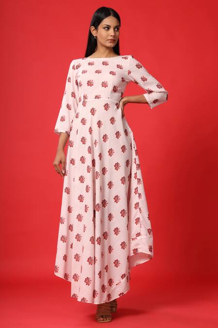 Buy Pink Rayon Slub Floral Boat Asymmetric Dress For Women By Pasha