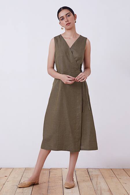 Buy Green Linen V Neck Arandi Wrap Dress For Women by The Summer House ...