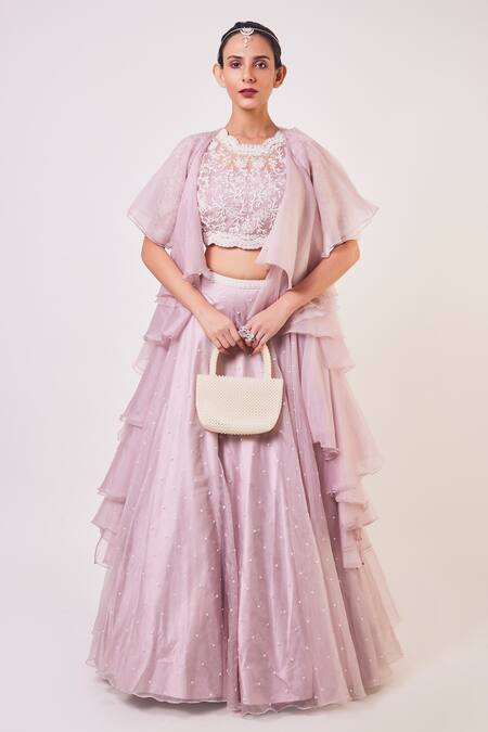 Buy Purple Organza Embroidered Moti Work High Neck Lehenga Set For ...