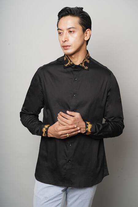 Buy Black 100% Cotton Hand Painted Greek Motifs And Spread Collar Shirt ...