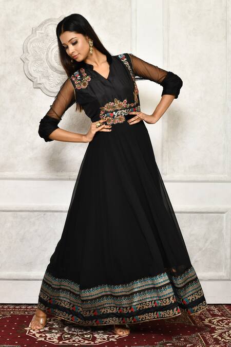 Buy Black Kurtageorgette Pant Faux Crepe Embroidery Anarkali And Set ...