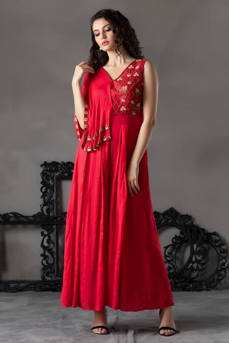 Buy Red Matka Silk Embroidered Zardozi Work Draped Bodice Jumpsuit For ...