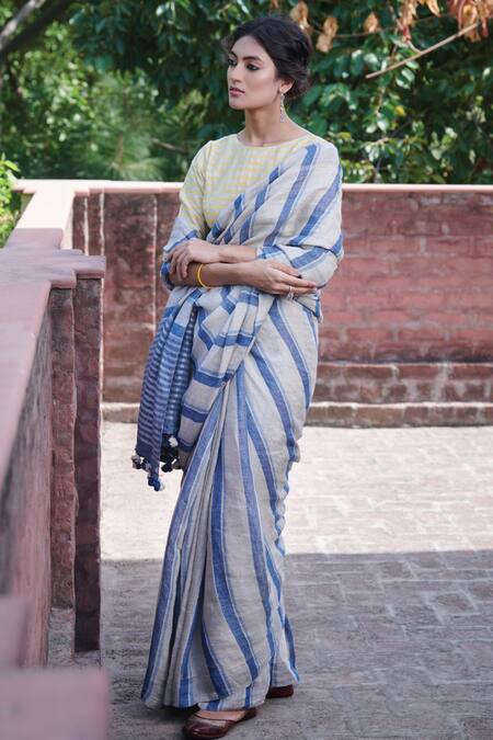 Buy Dressfolk Blue Nargis Handloom Linen Striped Saree Online | Aza Fashions