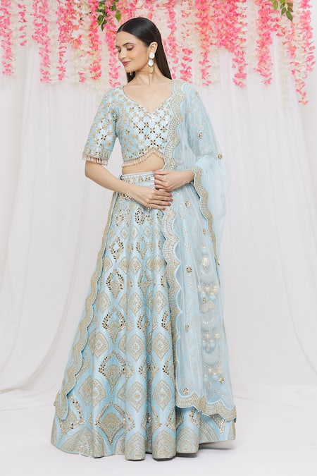 Buy Blue Dupion Silk Embroidery Mirror Leaf Neck Bridal Lehenga Set For