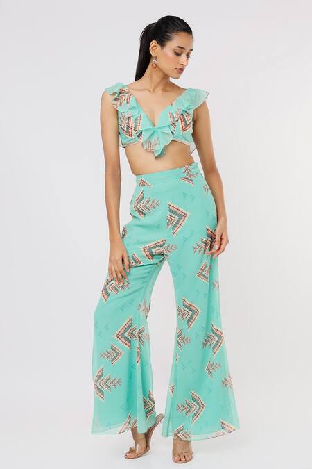 Buy Blue Georgette Geometric V Dina Ruffle Crop Top And Pant Set For ...