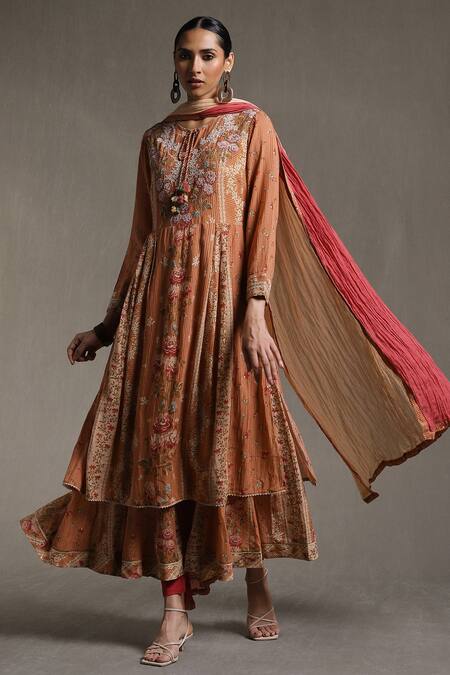 Buy Beige Cotton Viscose Georgette Printed Floral Motifs Anarkali Set ...