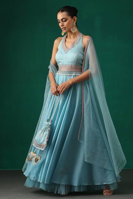 Buy Blue Organza, Georgette, Net/tulle Floral Hand Embroidered Anarkali ...