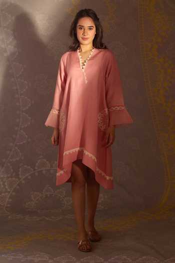 Buy Pink Tunic 100% Cotton Linen Embroidered Floral V Neck Safina For ...