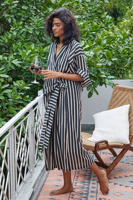 Buy Black Cotton Printed Stripe Open Robe Jacket For Women by ...