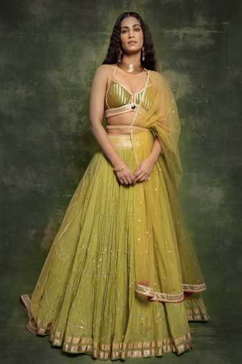 Buy Cedar & Pine Green Chanderi Crinkle Lehenga Set Online | Aza Fashion.