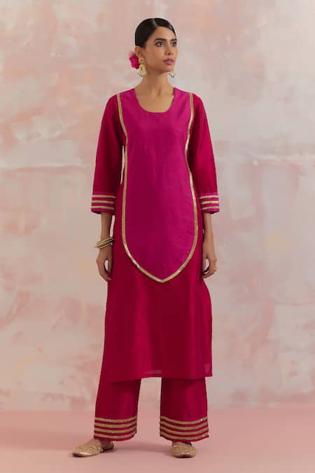 Buy Red Raw Silk Embellishment Rooh-e-dari Color Block Kurta And ...