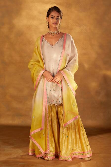 Buy Grey Kurta And Dupatta Organza Embroidered Zardozi V Sara Sharara ...
