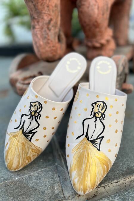 Buy Cream Hand Painted Chasing Beauty Mules by Rajasthani Stuff Online at Aza Fashions.