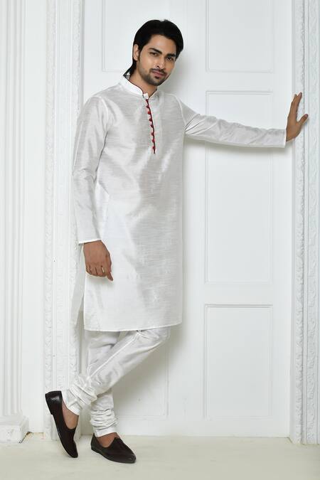 Buy White Silk Solid Mandarin Collar Kurta Set For Men by Arihant Rai ...