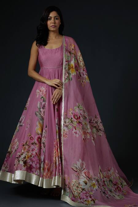 Buy Purple Organza And Lining Print Floral Anarkali Set For Women by ...