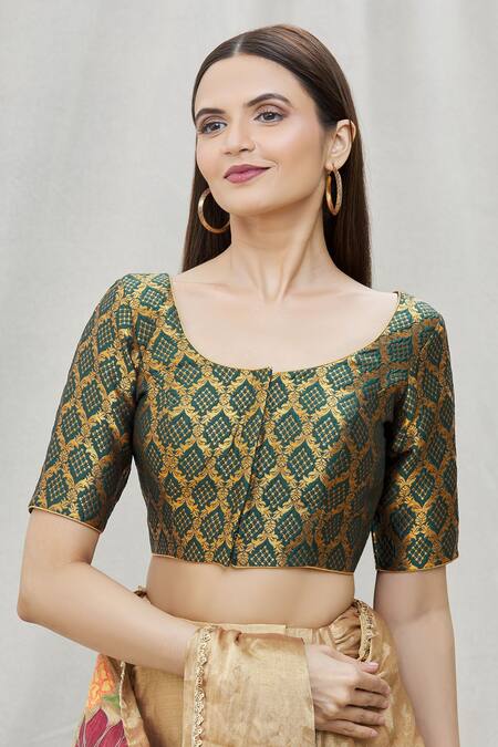 Buy Green Brocade Geometric Round Neck Floral Pattern Blouse For Women ...