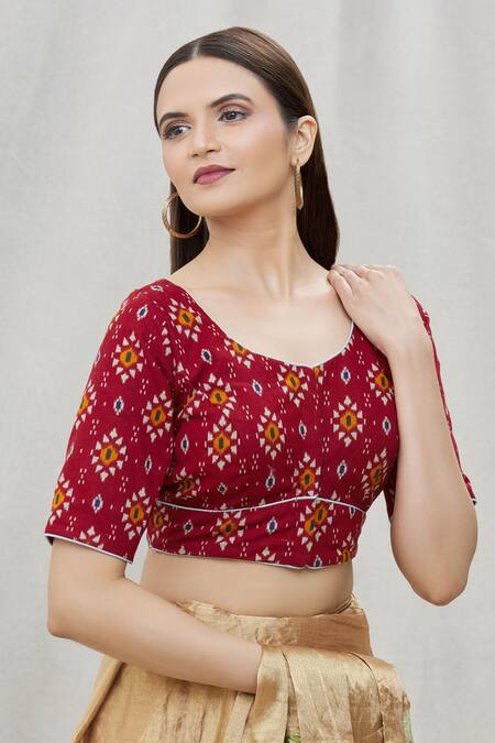 Buy Maroon Cotton Geometric Round Neck Pattern Blouse For Women by ...