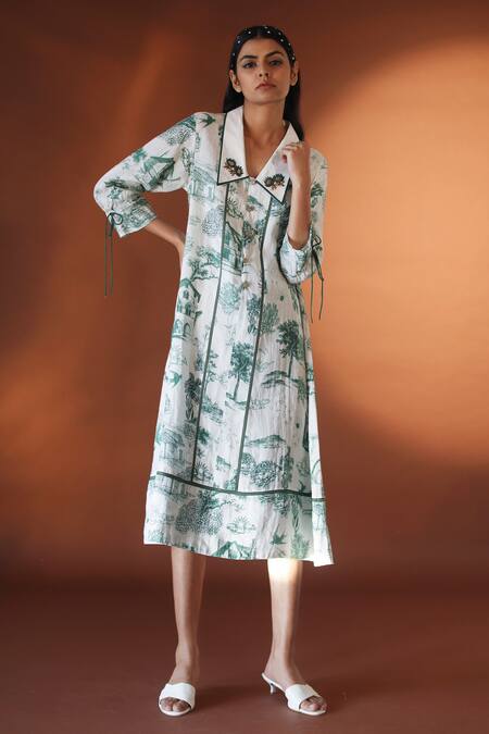 Buy White Pure Hemp Print And Embroidery Floral Neoma Dress For Women ...