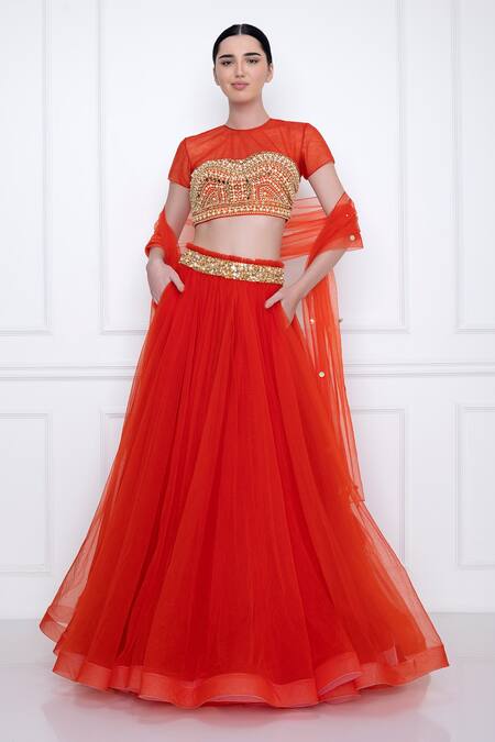 Buy Red Net And Polyester Satin Embellished Mirror & Pearls Round ...