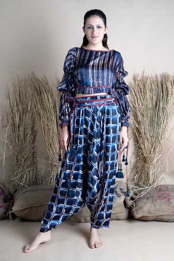 Buy Anmol Kakad Blue Satin Zulu Crop Top And Drop Crotch Pant Set ...