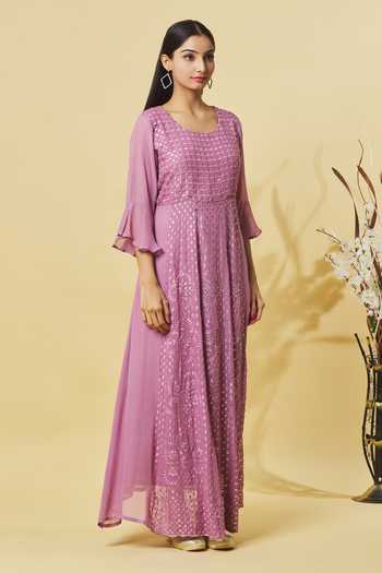 Buy Pink Georgette Embroidery Abla Round Neck Frill Dress For Women by ...
