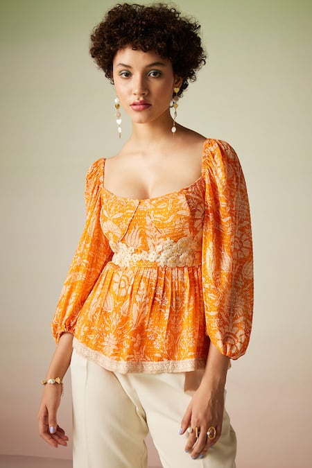 Buy Multi Color Sequinned Georgette Printed Botanic Scoop Pattern Puff