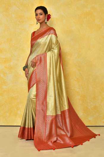 Buy Cream Silk Blend Floral Colorblock Saree With Running Blouse For ...