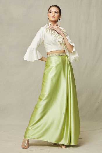 Buy Off White Silk, Satin Pearls, Zari, Diamonds Pipe Embellished Top ...