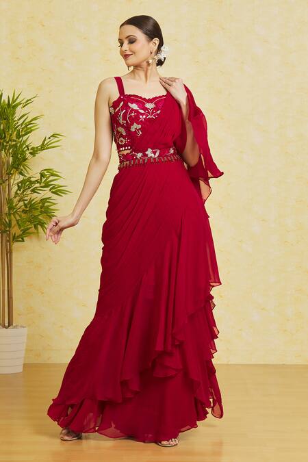 Buy Red Saree Georgette Embroidery Resham Sweetheart Pre-draped Ruffle ...