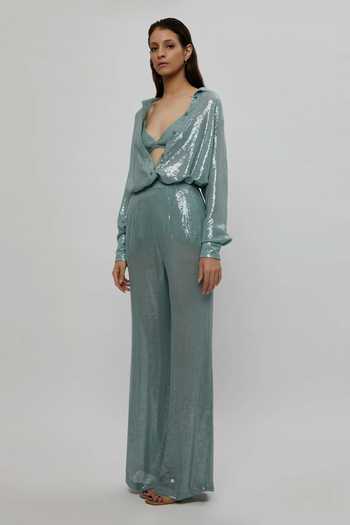 Buy Blue Embroidery Spread Collar Shirt And Pant Set For Women by Deme ...
