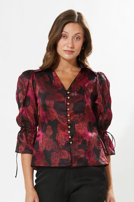 Buy Black Top Silk Cotton Organza Printed Rosa Poet Sleeve Shirt For ...