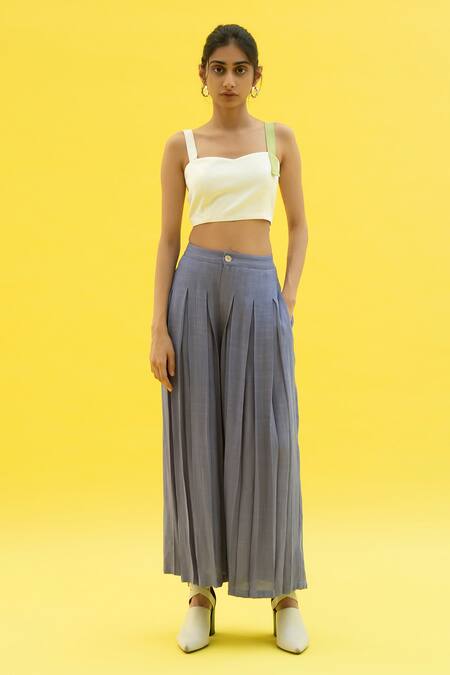 Buy Grey Cotton Plain Freedom Solid Pleated Trouser For Women by Meesa ...