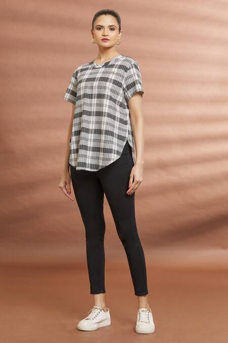 Buy Black Cotton Round Checked Top For Women by Naintara Bajaj Online ...