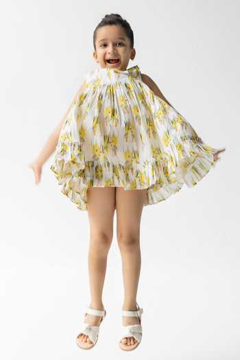 Buy Ivory Cotton Voile Printed Bird Saras Ka Joda Dress For Girls by ...