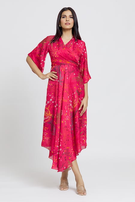 Buy Red Organza Satin Printed Floral V Neck Asymmetric Dress For Women ...