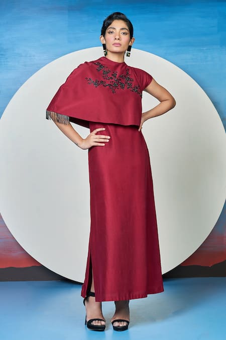 Buy Red Silk Embroidered Bead Round Blaze Cape Dress For Women by ...